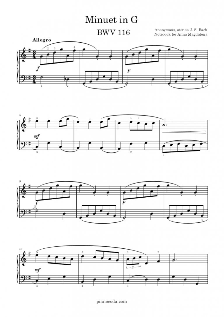 Minuet in G BWV 116 Free PDF Sheet Music